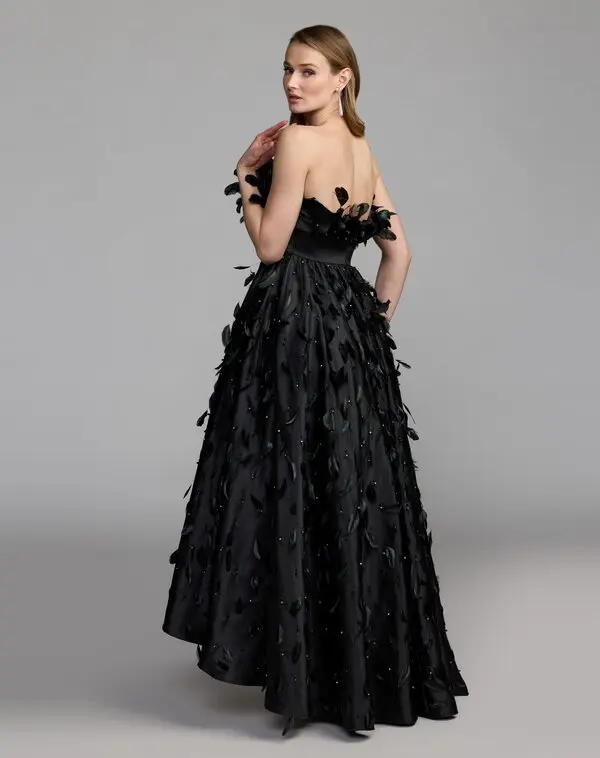 MAC DUGGAL COLLECTION Strapless Feather Embellished High Low Satin Gown