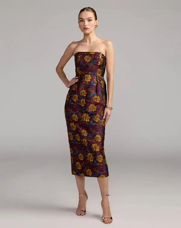 Mac Duggal Floral Brocade Strapless Fitted Midi Dress