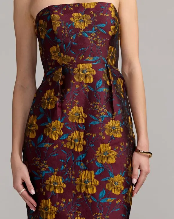 Mac Duggal Floral Brocade Strapless Fitted Midi Dress