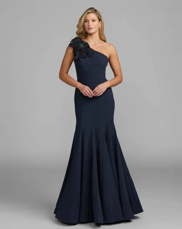 Mac Duggal Crepe One Shoulder Gown With Crystal Flower