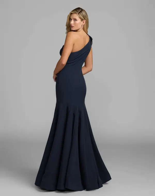 Mac Duggal Crepe One Shoulder Gown With Crystal Flower
