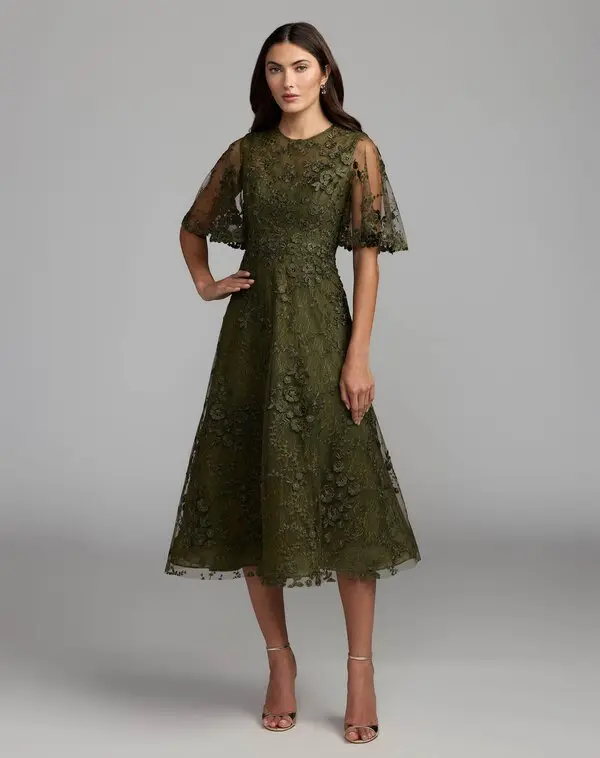 Mac Duggal Embroidered Flutter Sleeve Midi Dress