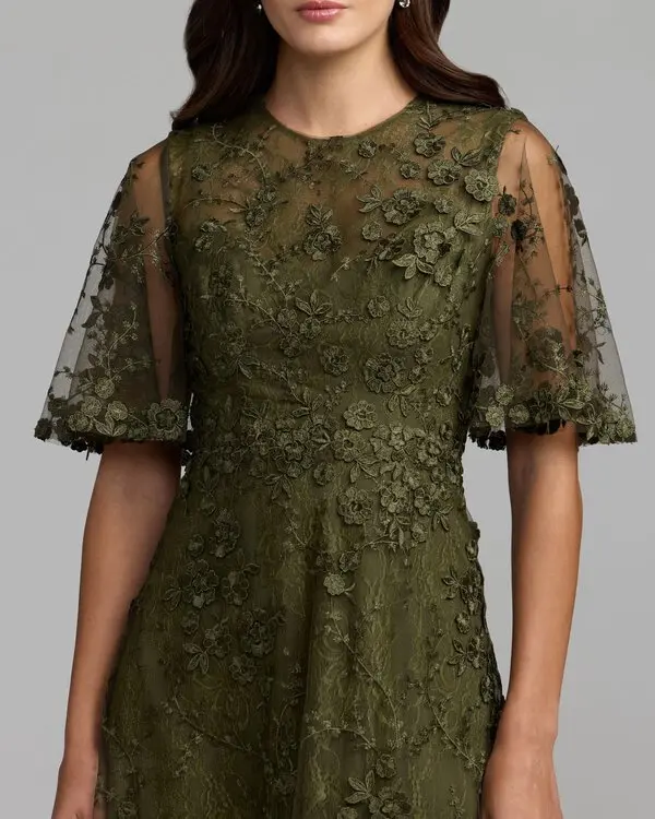Mac Duggal Embroidered Flutter Sleeve Midi Dress