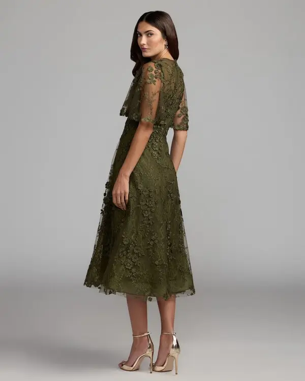 Mac Duggal Embroidered Flutter Sleeve Midi Dress