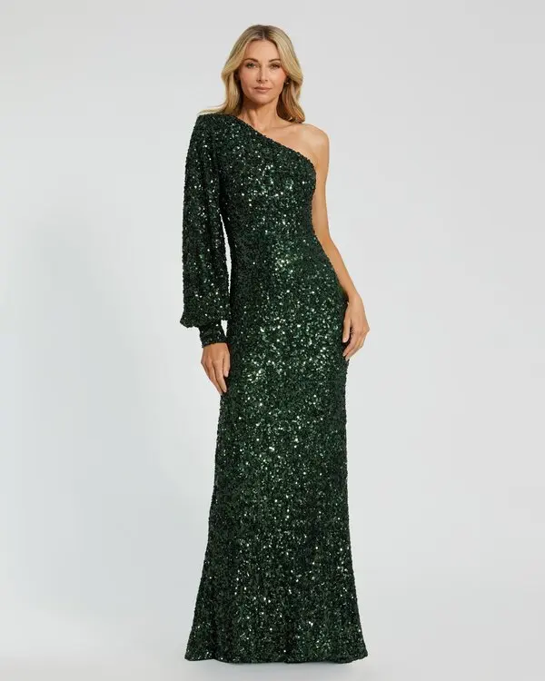 Mac Duggal Emerald Sequined One Shoulder Bishop Sleeve Trumpet Gown - Green