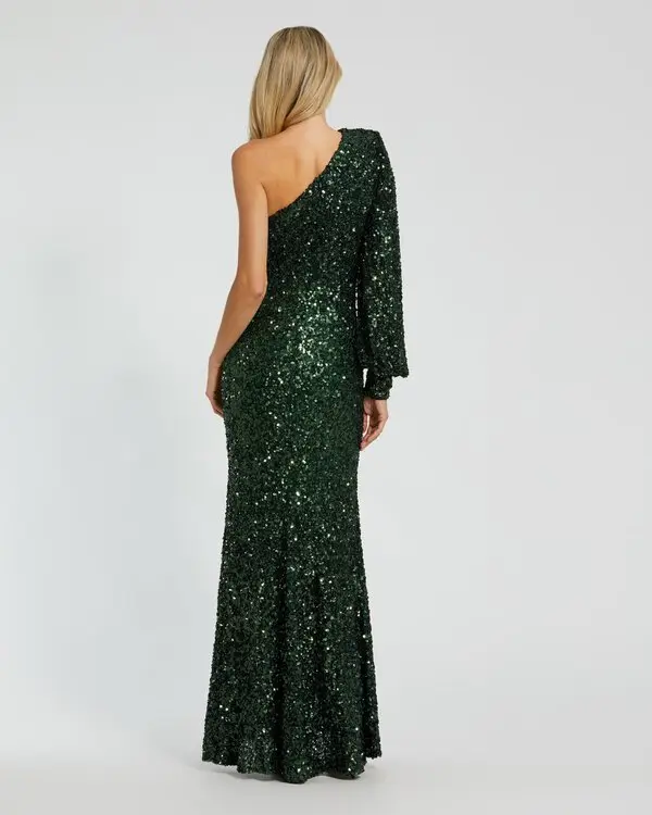 Mac Duggal Emerald Sequined One Shoulder Bishop Sleeve Trumpet Gown - Green