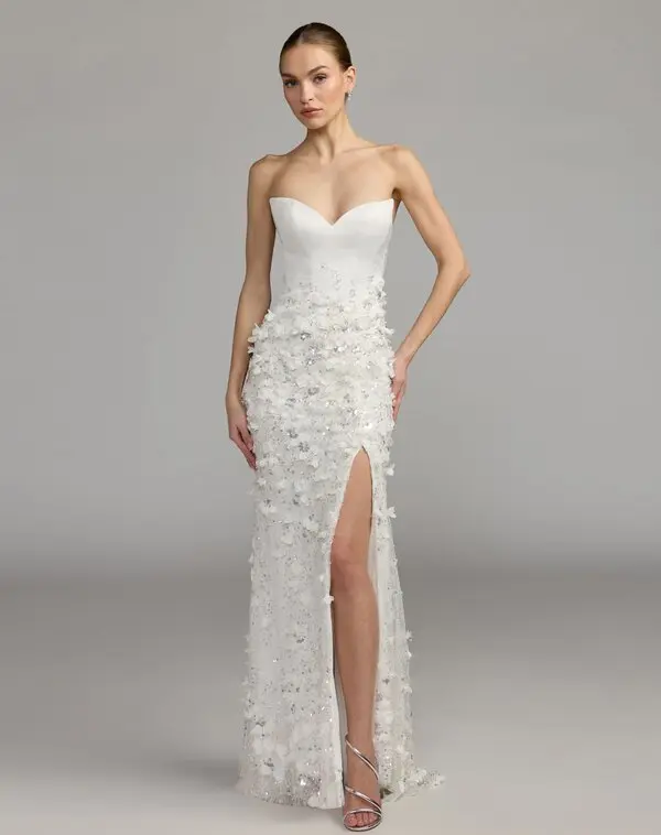 Mac Duggal 3d Floral Strapless Sweetheart Gown With Slit