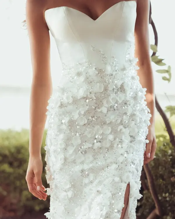 Mac Duggal 3d Floral Strapless Sweetheart Gown With Slit