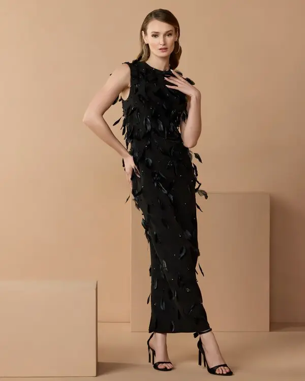 MAC DUGGAL COLLECTION High Neck Sleeveless Feather Embellished Dress