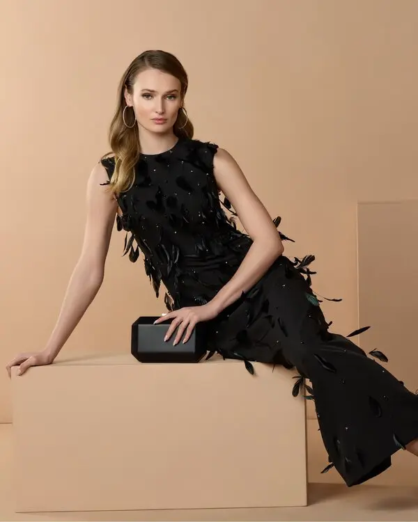 MAC DUGGAL COLLECTION High Neck Sleeveless Feather Embellished Dress