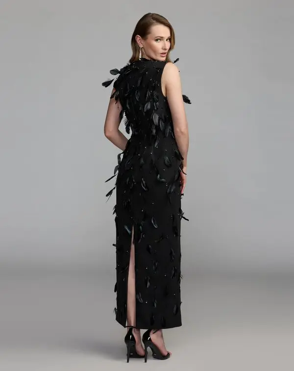 MAC DUGGAL COLLECTION High Neck Sleeveless Feather Embellished Dress