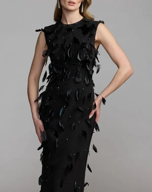 MAC DUGGAL COLLECTION High Neck Sleeveless Feather Embellished Dress