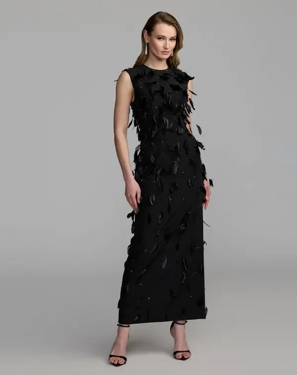 MAC DUGGAL COLLECTION High Neck Sleeveless Feather Embellished Dress