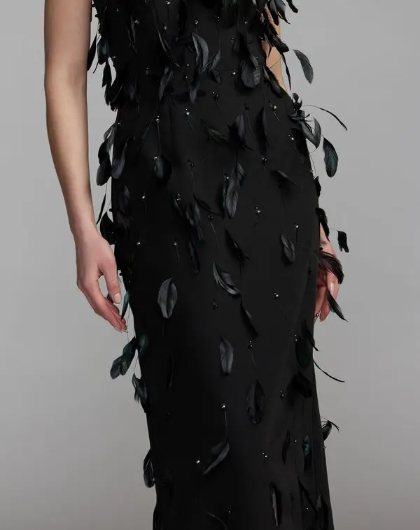 MAC DUGGAL COLLECTION High Neck Sleeveless Feather Embellished Dress
