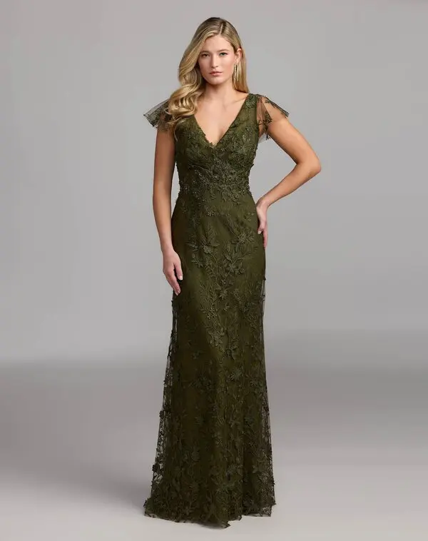 Mac Duggal Embroidered Applique Wrap Over Flutter Sleeve Gown