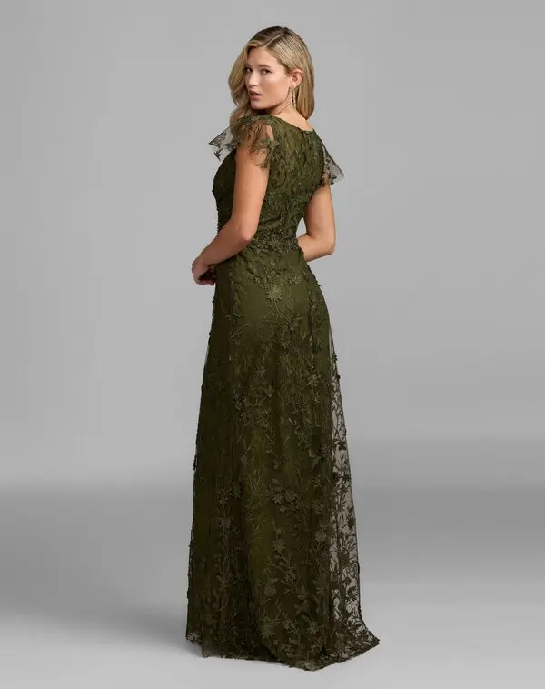 Mac Duggal Embroidered Applique Wrap Over Flutter Sleeve Gown