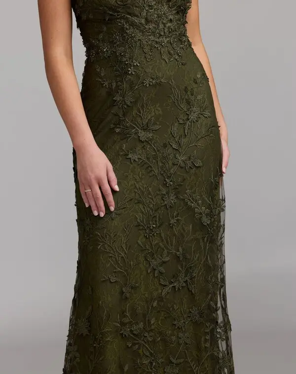 Mac Duggal Embroidered Applique Wrap Over Flutter Sleeve Gown