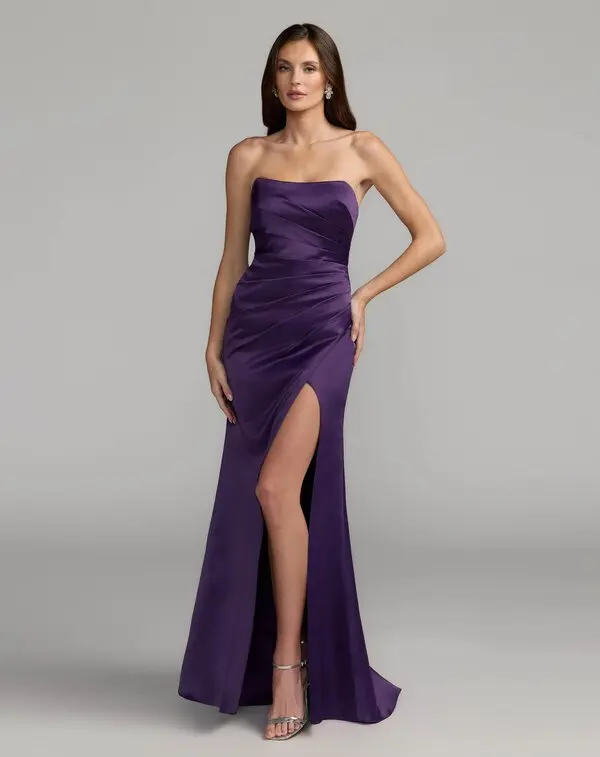 Mac Duggal Strapless Satin Gown With High Slit