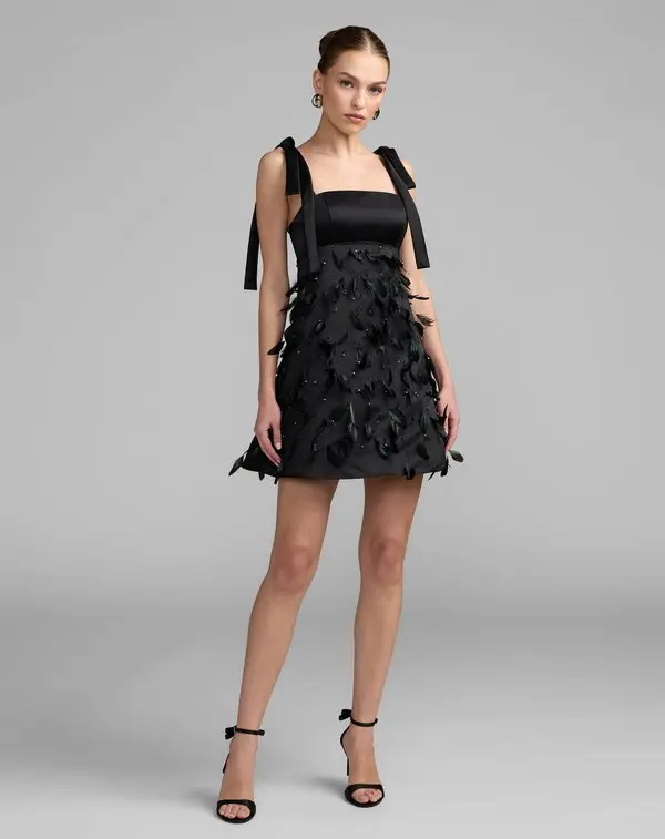 MAC DUGGAL COLLECTION Feather Embellished Bow Strap Mini Dress