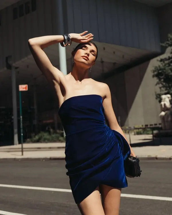 Mac Duggal Blue Strapless Velvet Wrap Mini Dress