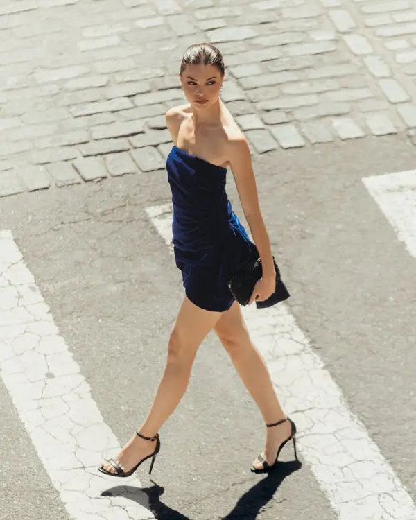 Mac Duggal Blue Strapless Velvet Wrap Mini Dress