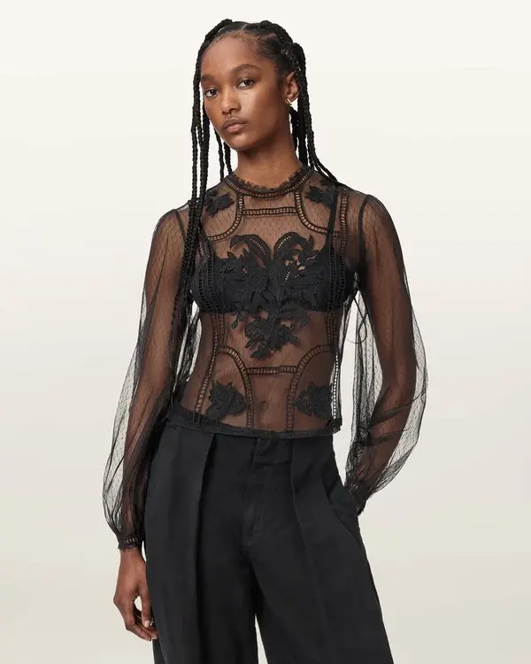 ALLSAINTS Cesca Sheer Embroidered Top