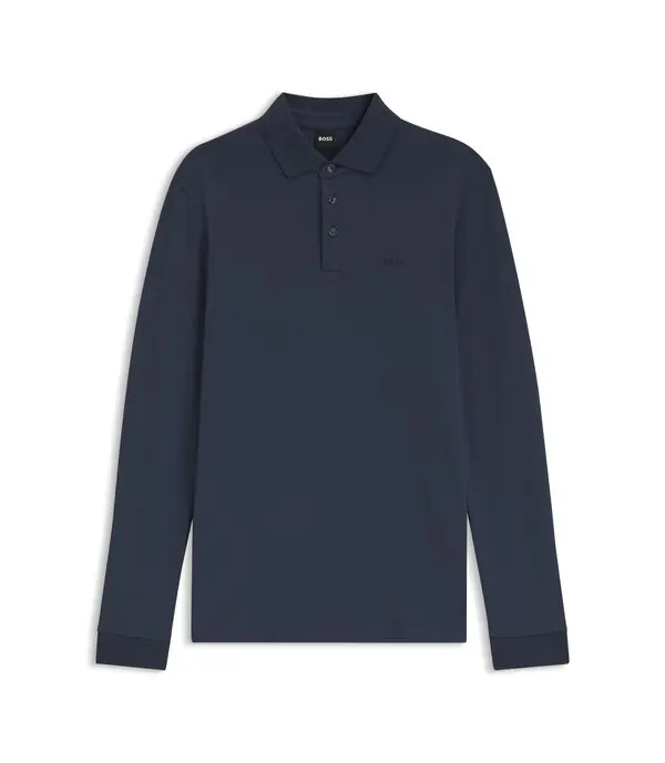 BOSS Long-sleeved Polo Shirt In Interlock Cotton With Logo - Light Blue
