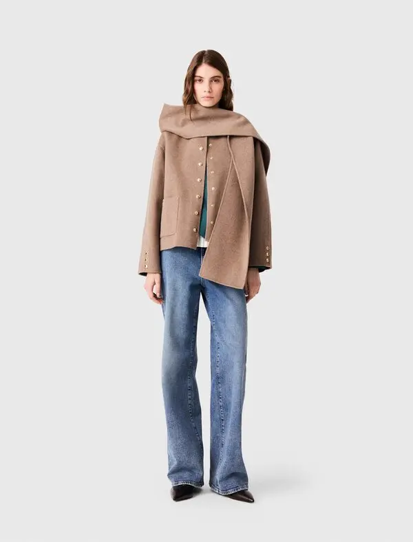 Maje Short Double-faced Coat With Removable Hooded Scarf