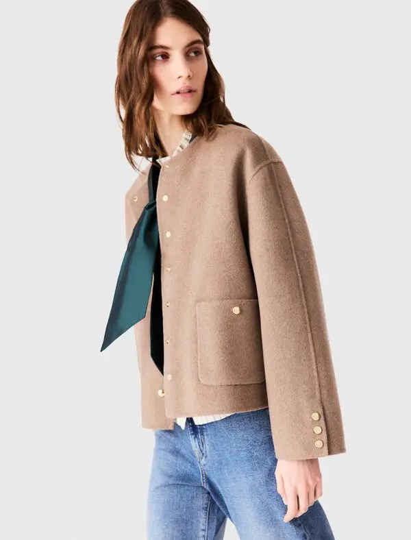 Maje Short Double-faced Coat With Removable Hooded Scarf