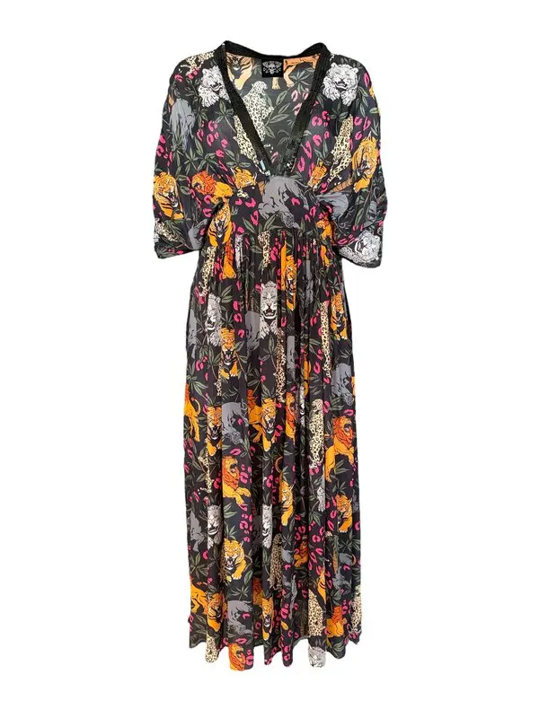 ANY OLD IRON Green / Black Multicolor Big Cats Kaftan Dress