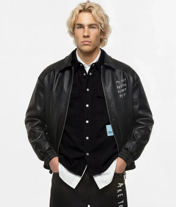 Karl Lagerfeld Faux Leather Bomber Jacket - Black