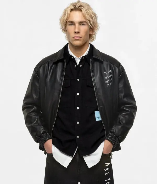 Karl Lagerfeld Faux Leather Bomber Jacket - Black