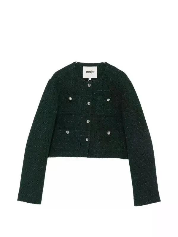 Maje Checked Cropped Tweed Jacket - Green