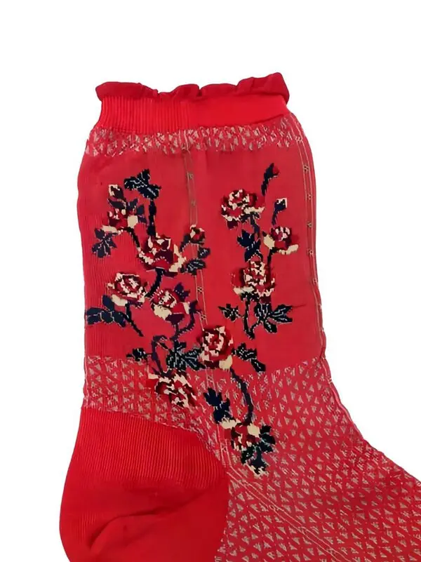 ANTIPAST Floral Embroidered Ruffled Socks - Red