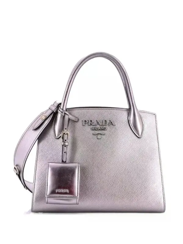 Prada Monochrome Saffiano With City Calf Small Tote Bag - Silver
