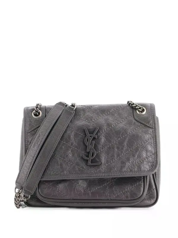 Saint Laurent Niki Chain Flap Bag Matelasse Chevron Leather Baby Shoulder Bag - Grey