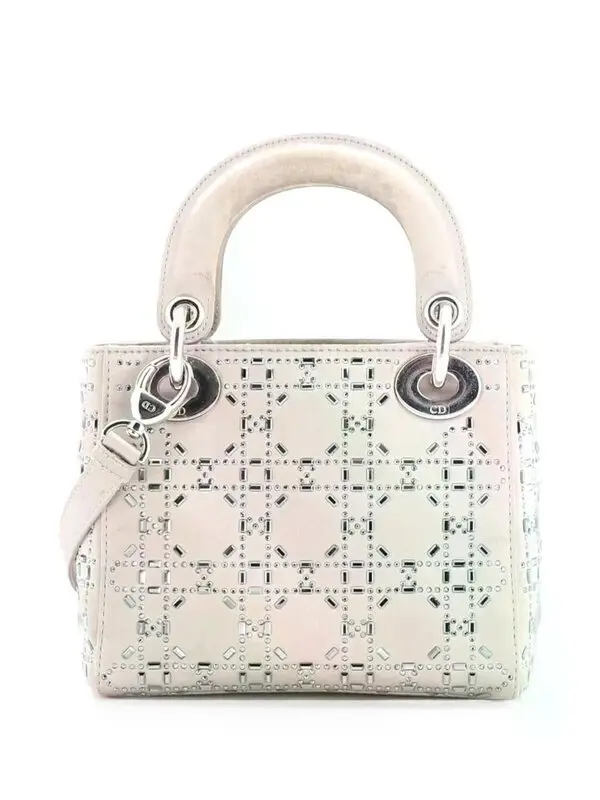 Dior Lady Bag Crystal Embellished Cannage Quilt Satin Mini Satchel - Grey