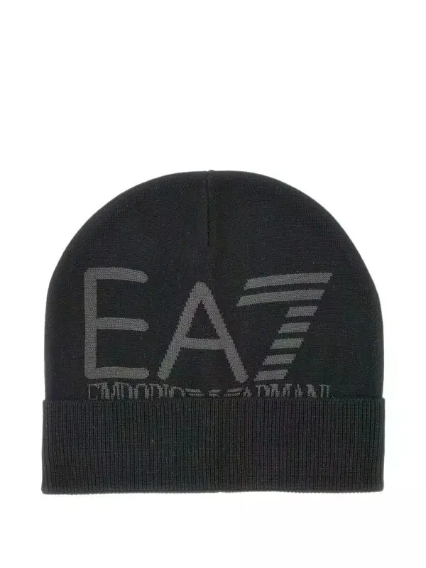 EA7 Logo-jacquard Ribbed Beanie Hat - Black