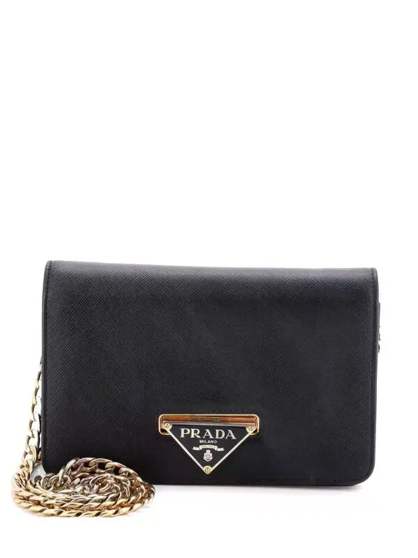 Prada Saffiano Leather Small Flap Wallet On Chain Clutch Shoulder Bag - Black