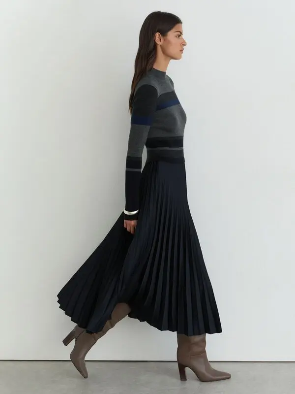 REISS Carla Striped Knit Mix Pleated Midi Dress