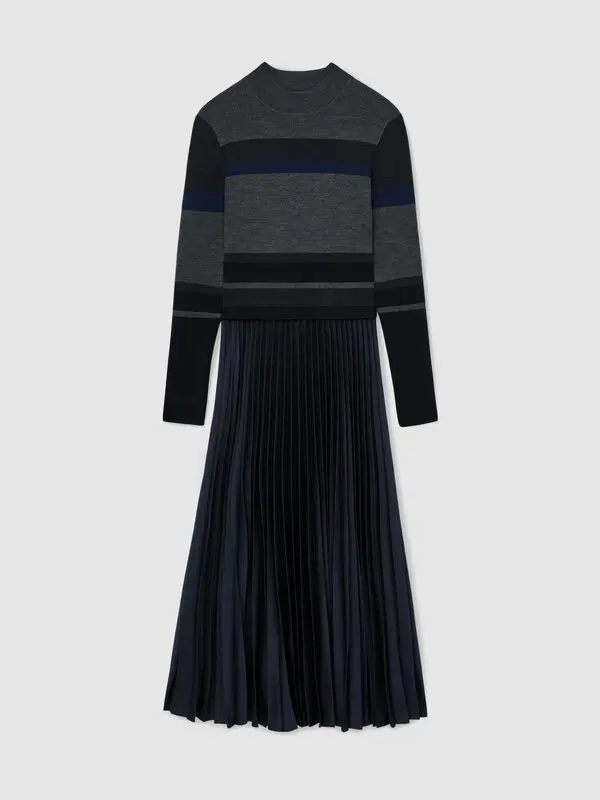REISS Carla Striped Knit Mix Pleated Midi Dress