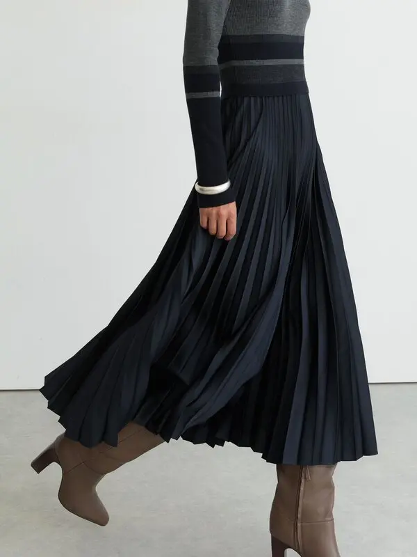 REISS Carla Striped Knit Mix Pleated Midi Dress
