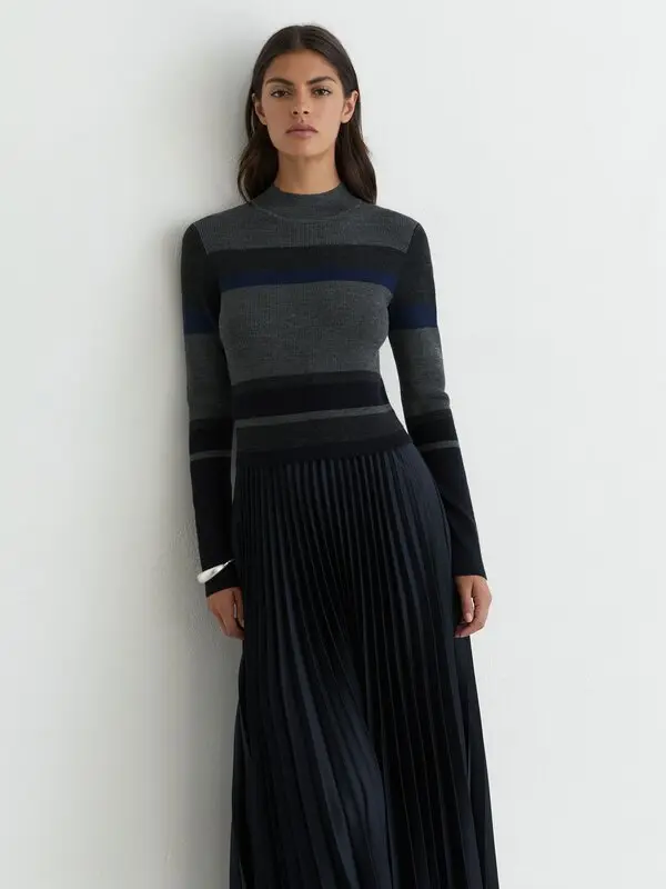 REISS Carla Striped Knit Mix Pleated Midi Dress