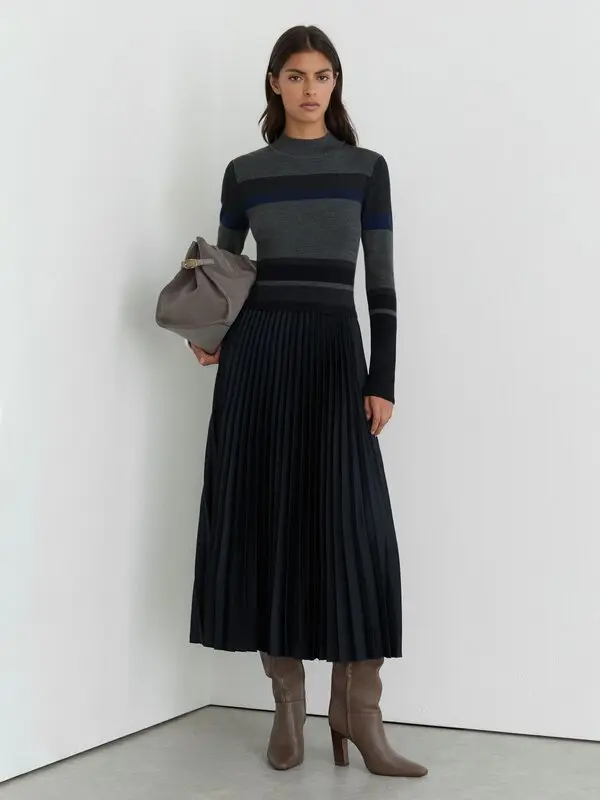 REISS Carla Striped Knit Mix Pleated Midi Dress