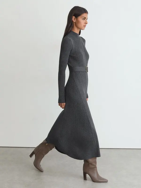 REISS Ella Rib-knit Belted Midi Dress