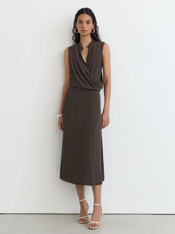 REISS Gracie Drape-detail Band-collar Midi Dress