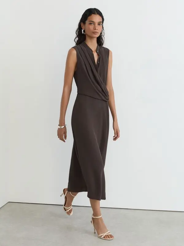 REISS Gracie Drape-detail Band-collar Midi Dress