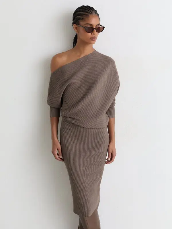 REISS Lara Off-the-shoulder Ribbed Midi Dress