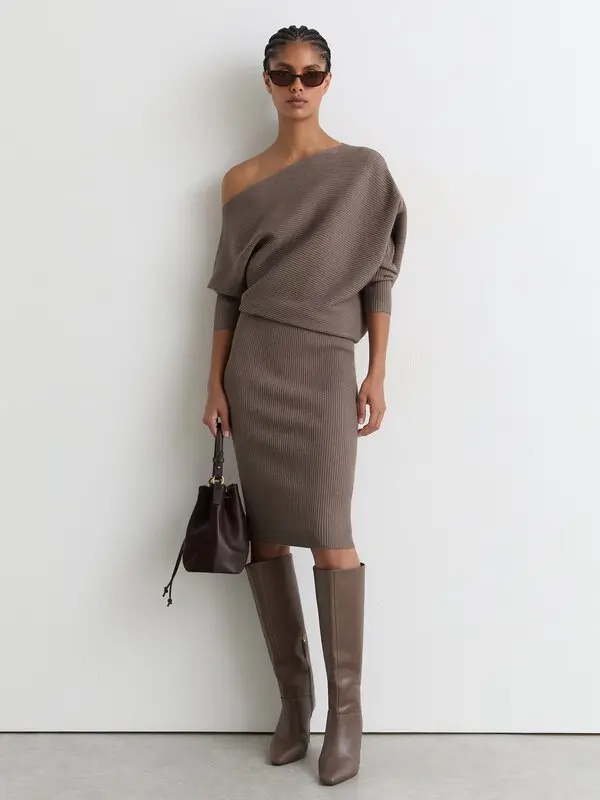 REISS Lara Off-the-shoulder Ribbed Midi Dress