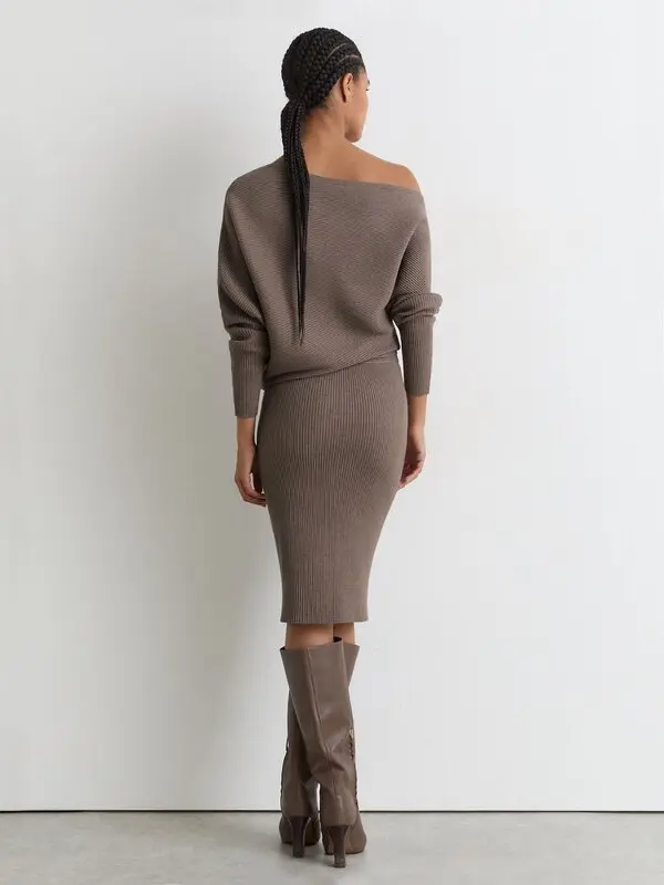 REISS Lara Off-the-shoulder Ribbed Midi Dress
